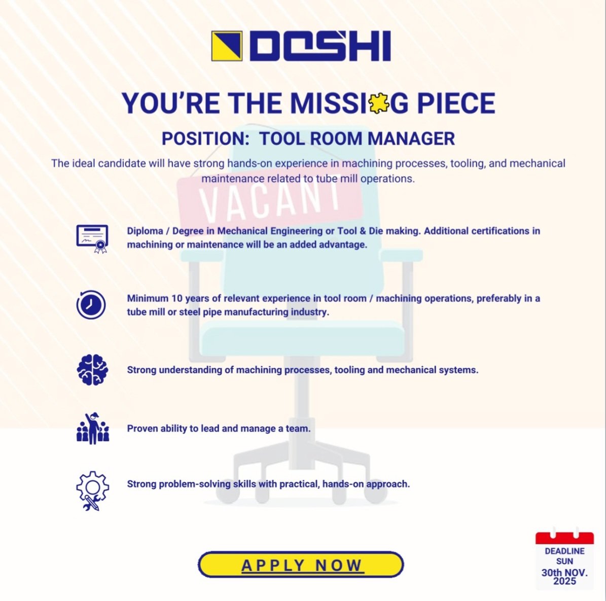 Tool Room Manager at Doshi & Co (Hardware) Ltd | Opened Career